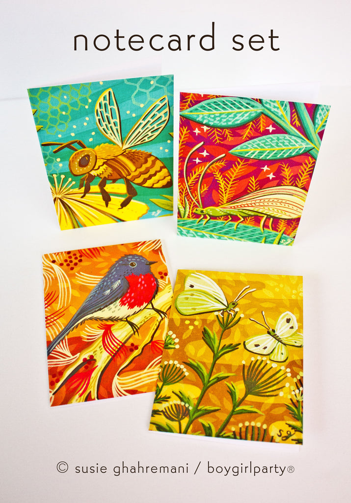 Botanical Notecard Set – Garden Animal / Pollinator Series – Bird Bee ...